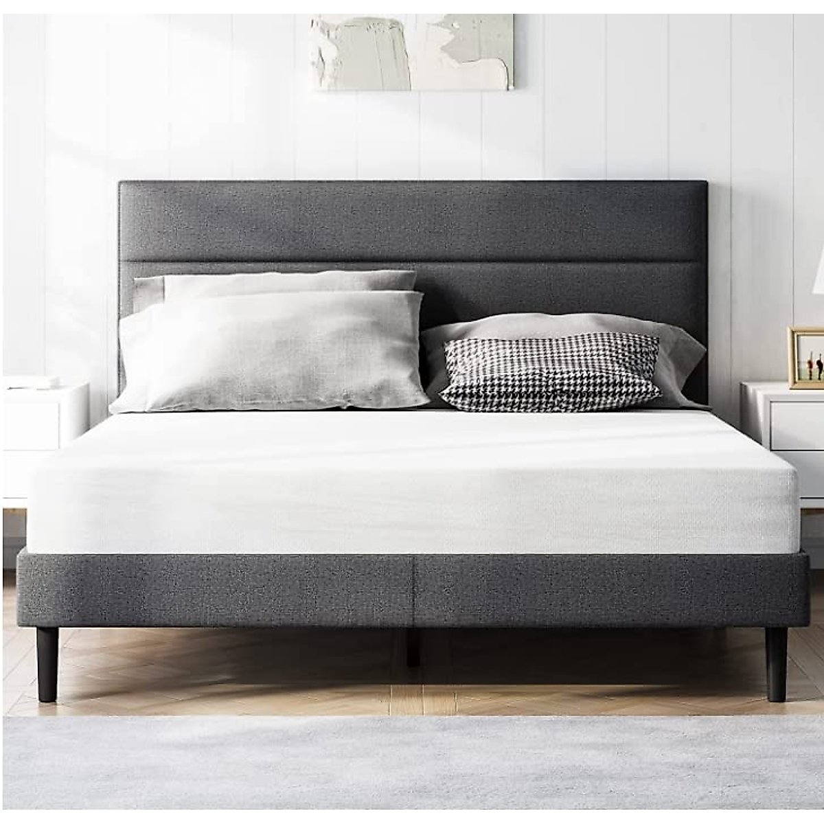 Molblly Queen Bed Frame with Headboard, Upholstered Platform Bed Frame, No Box Spring Needed, Non-Slip and Noise-Free, Easy Assembly, Dark Grey