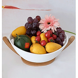 Fruit Basket/Bowl Wood Base Chic Ceramic Dessert Plate Organizer Fruit Dish Home Decor For Party, Family Dinner, Fruit Bowl for Kitchen Counter