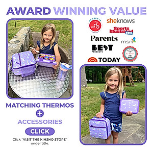 Bento Box with Insulated Lunch Bag, Ice Pack & Water Bottle Set for Kids - 5 Leakproof Compartments, Lunches or Snack Container Girls, Toddlers Daycare Pre-School, Kindergarten Purple Unicorn