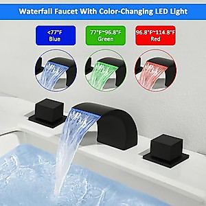 Bathroom Faucet 3 Hole Waterfall Widespread 2 Handle Vanity Sink Faucet with LED Color Changing, SKOWLL Matte Black