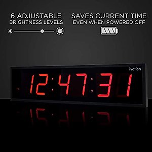 Ivation Huge 24" Inch Large Big Oversized Digital LED Clock with Stopwatch, Alarms, Countdown Timer & Temp - Shelf or Wall Mount (Red) | 6-Level Brightness, Mounting Holes & Hardware