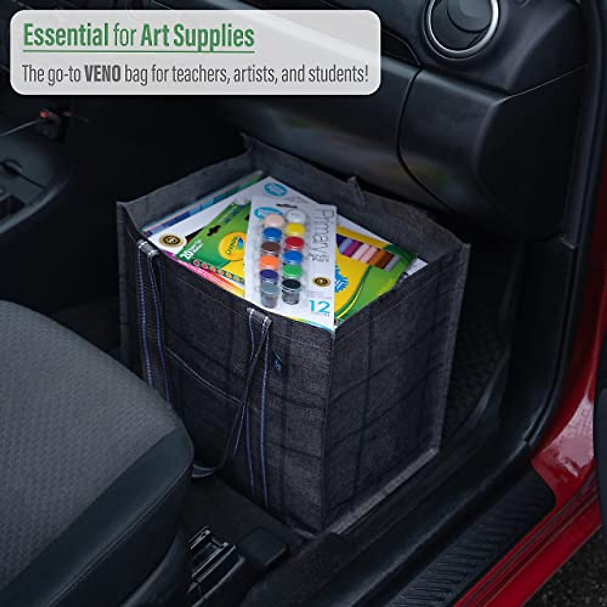 VENO 4 Pack Reusable Grocery Shopping Bag w/Hard Bottom, Foldable, Multi-Purpose Heavy-Duty Tote, Daily Utility Bag, Stands Upright, Sustainable (Set of 4 - Windowpane)