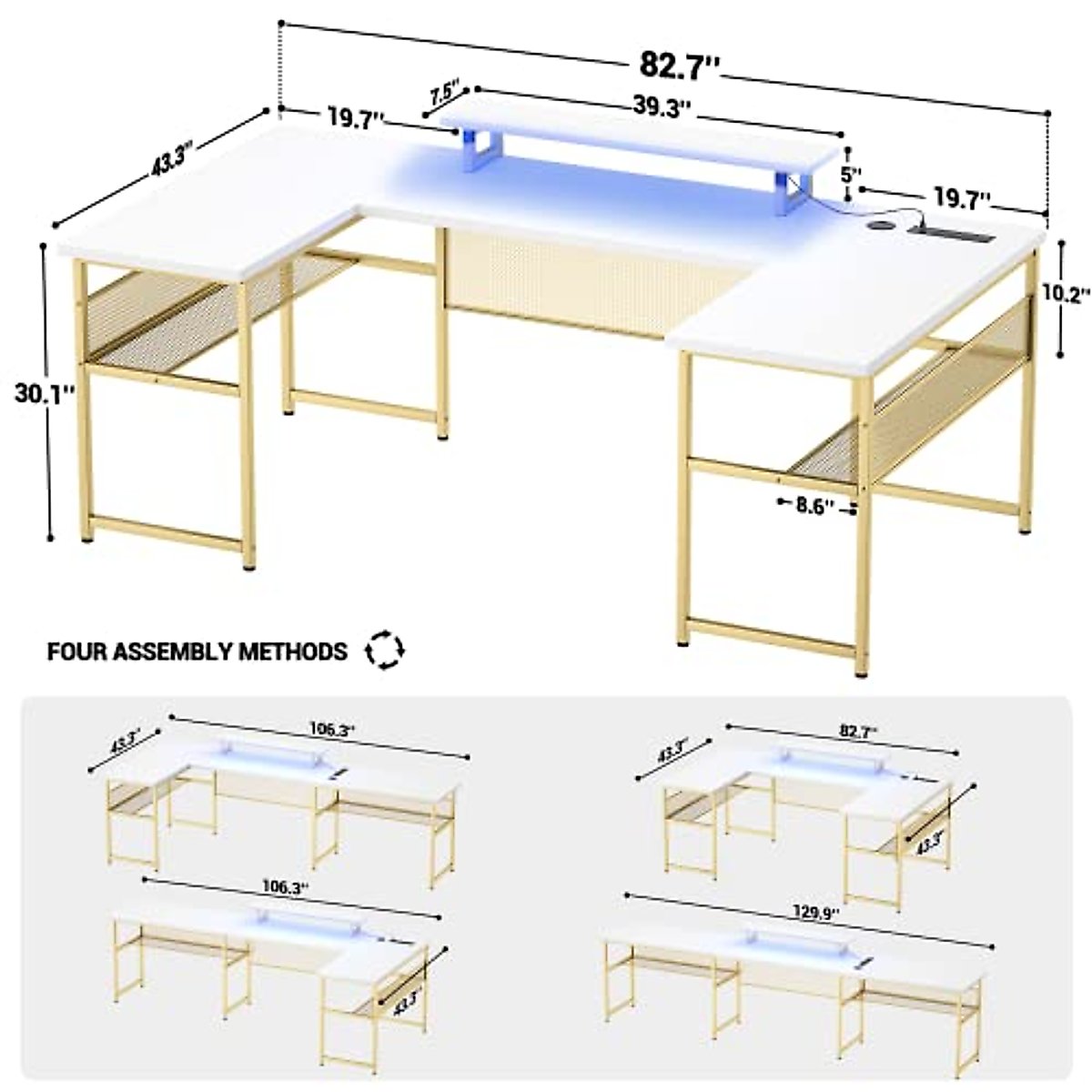 Unikito U Shaped Desk with LED Strip and Power Outlet, Reversible Large Corner Computer Desk with Monitor Stand and Storage Shelf, 83 Inch U Shape Office Desks, 2 Person L Shaped Gaming Table, White