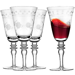 Royalrose Delight Glasses, Set of 4, Unique Vintage Style Glass Set with Decorative Etching, Dishwasher Safe. (Vintage Wine Glasses)