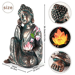 MIBUNG Zen Meditating Buddha Garden Statue Outdoor, Large Bronze Lotus Sitting Buddha Decor with Solar Lights Asian Art Ornament Sculpture, Patio Yard Lawn Home Decorations, Housewarming Gifts