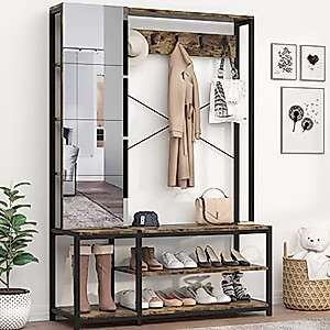 PAKASEPT Hall Tree with Mirror, Freestanding Closet Organizer, Garment Rack with Mirror, Heavy Duty Garment Rack Hanging Clothing Wardrobe Storage Closet for Bedroom
