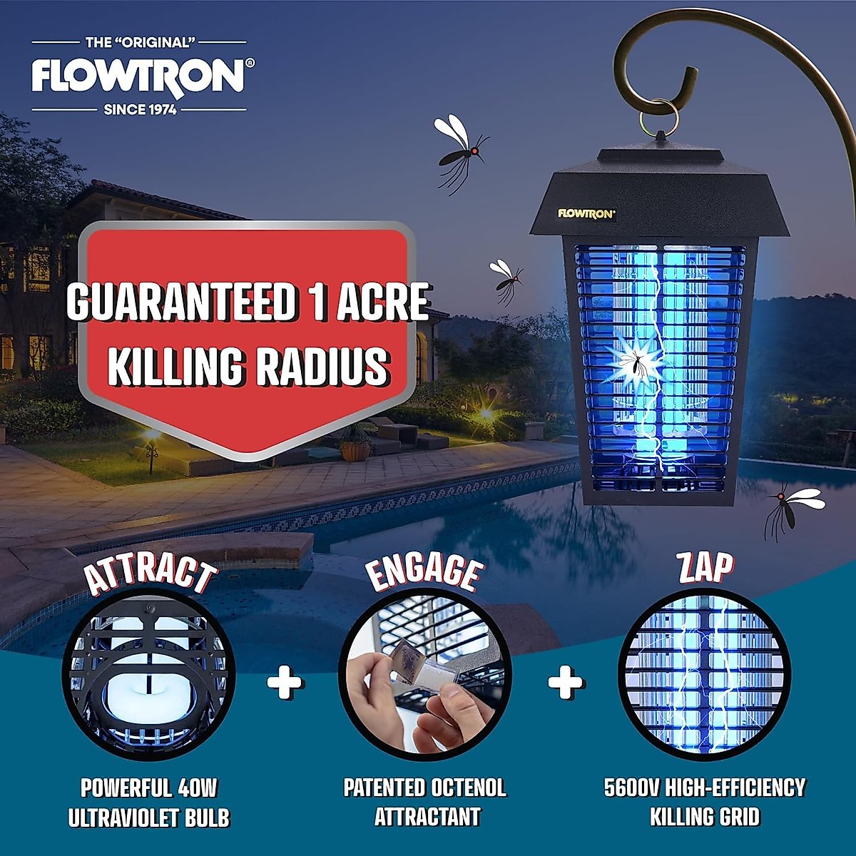 Flowtron Bug Zapper, 1 Acre of Outdoor Coverage with Powerful 40W Bulb & 5600V Instant Killing Grid with Mosquito Attractant Cartridge