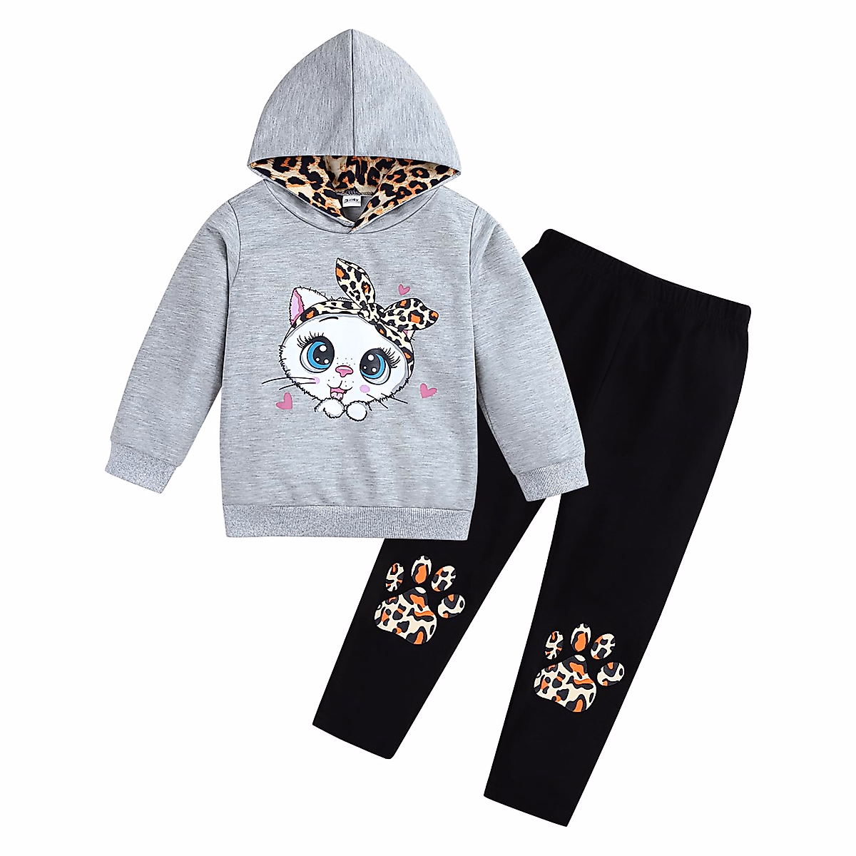 Axumity Toddler Girl Clothes Cat Print Pullover Sweatshirt + Leopard Print Pant 2-Piece Kid Girl Fall Winter Pants Set(4-5T)
