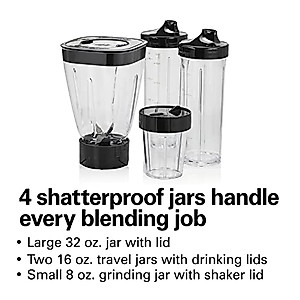 Hamilton Beach Stay or Go Blender with 32oz Jar, 8oz Grinder for Nuts & Spices, and 2 Portable Cups with Drinking Lids for Shakes and Smoothies, BPA Free, Black and Silver (52400)