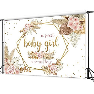 Homewelle Boho Bohemian Floral Sweet Baby Girl Backdrop 7Wx5H Feet Polyester Fabric Baby Shower Blush Pink Flower Pampas Grass Gold Party Decoration Newborn Photography Background Photo Shoot Prop