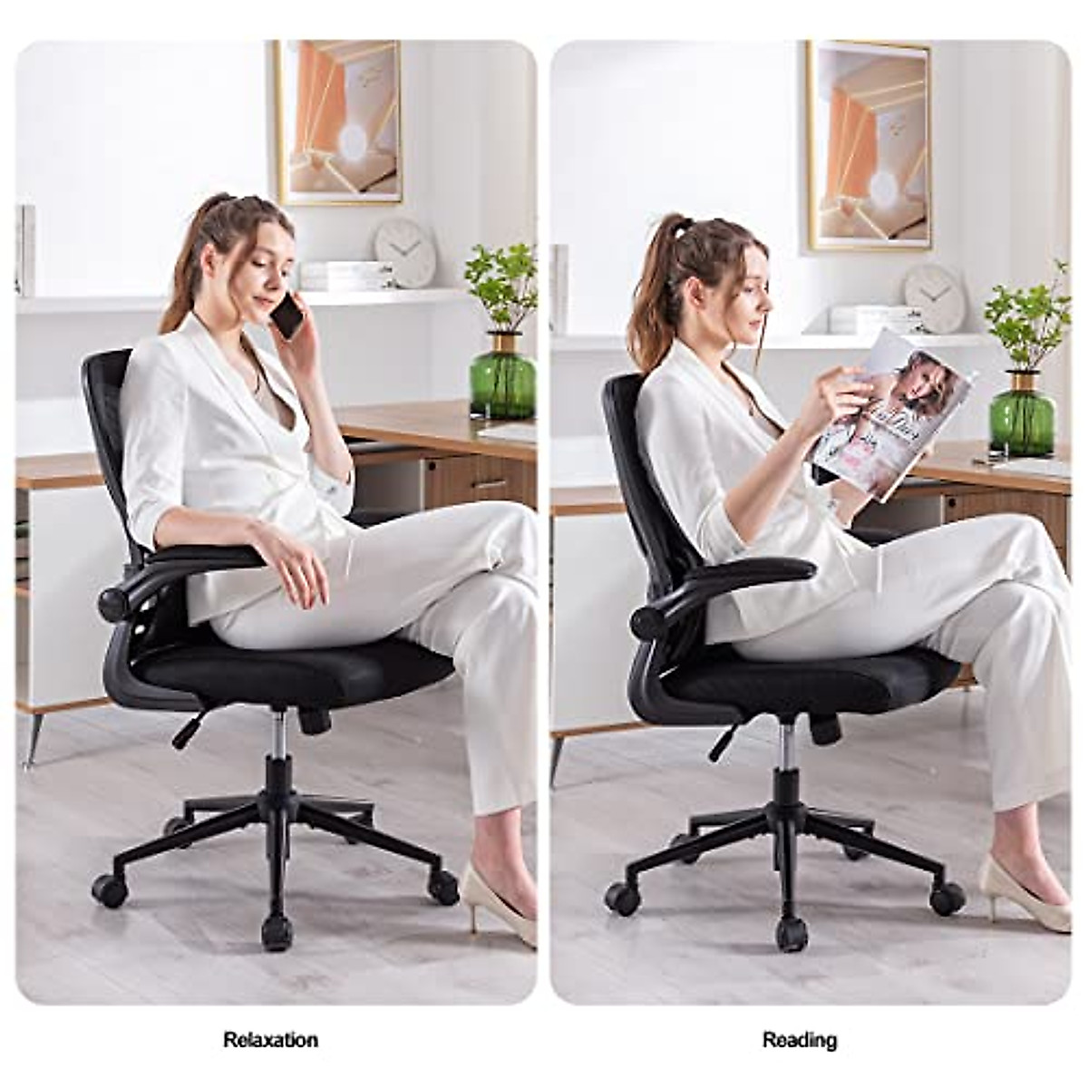 BRTHORY Office Chair Height-Adjustable Ergonomic Desk Chair with Self-Adaptive Lumbar Support, Breathable Mesh Computer Chair High Back Swivel Task Chair with Flip-up Armrests - Black