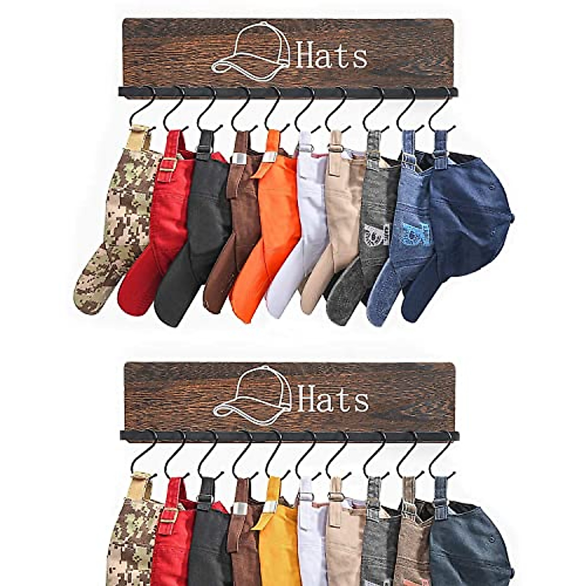 FANGSUN Hat Rack for Wall, Wooden Baseball Cap Organizer with 20 Hooks, Metal Rustic Hat Pattern Hat Display Rack, Ball Cap Hanger Wall Mounted Hat Storage Holder for Closet Bedroom Entry, Set of 2
