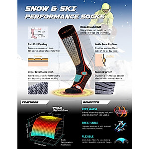 TSLA Men and Women Winter Ski Socks, Calf Compression Snowboard Socks, Warm Thermal Socks for Cold Weather, 2pairs Black/Black &amp; Orange, Medium