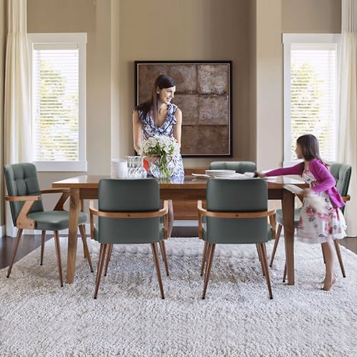 MEKLIBA Dining Chairs Set of 2，Dinner Chairs with Arms and Back，Comfortable Upholstered Dining Chairs,Modern Leather Kitchen Chair for Kitchen and Dining Room (Green)