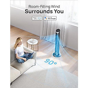 Dreo Smart Tower Fans for Bedroom, 90° Oscillating Fans for indoors, 5 Speeds 4 Modes Max 26ft/s, 12H Timer, LED with Touch, Remote Control, 40" Quiet Bladeless Standing Floor Fan, Work with Alexa