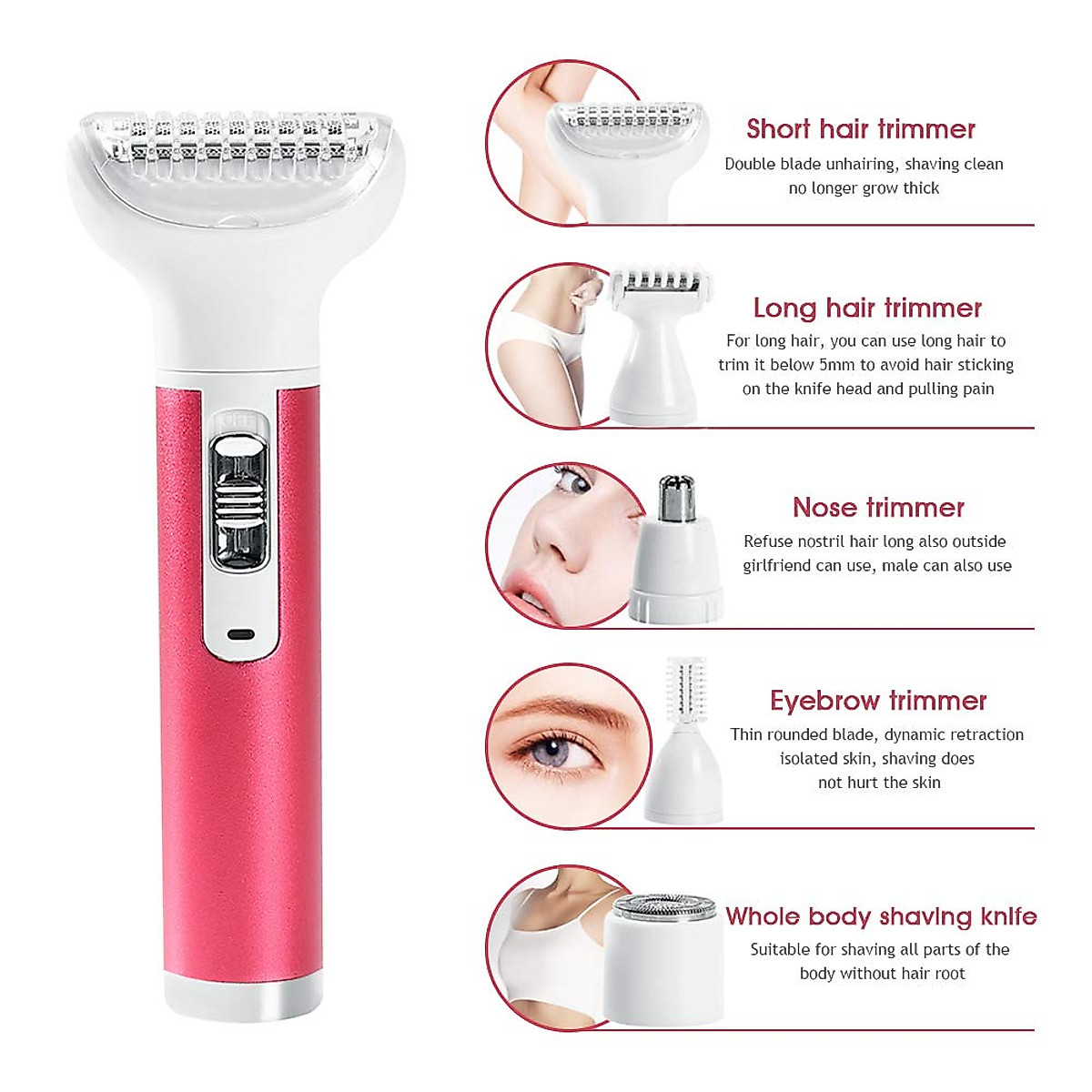 Phoking Trimmers for Women 5 in 1 USB Rechargeable Cordless Shaver Set Facial Hair Removal Painless Body Hair Nose Hair Eyebrow Arm Leg Bikini Trimmer for Women