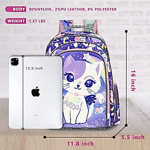Girls Backpack 16 Inch Cute Cat Backpack for Girls Elementary Kindergarten Kids Backpacks for Girls Kawaii Light Purple Backpack Large Capacity with Lots of Pockets