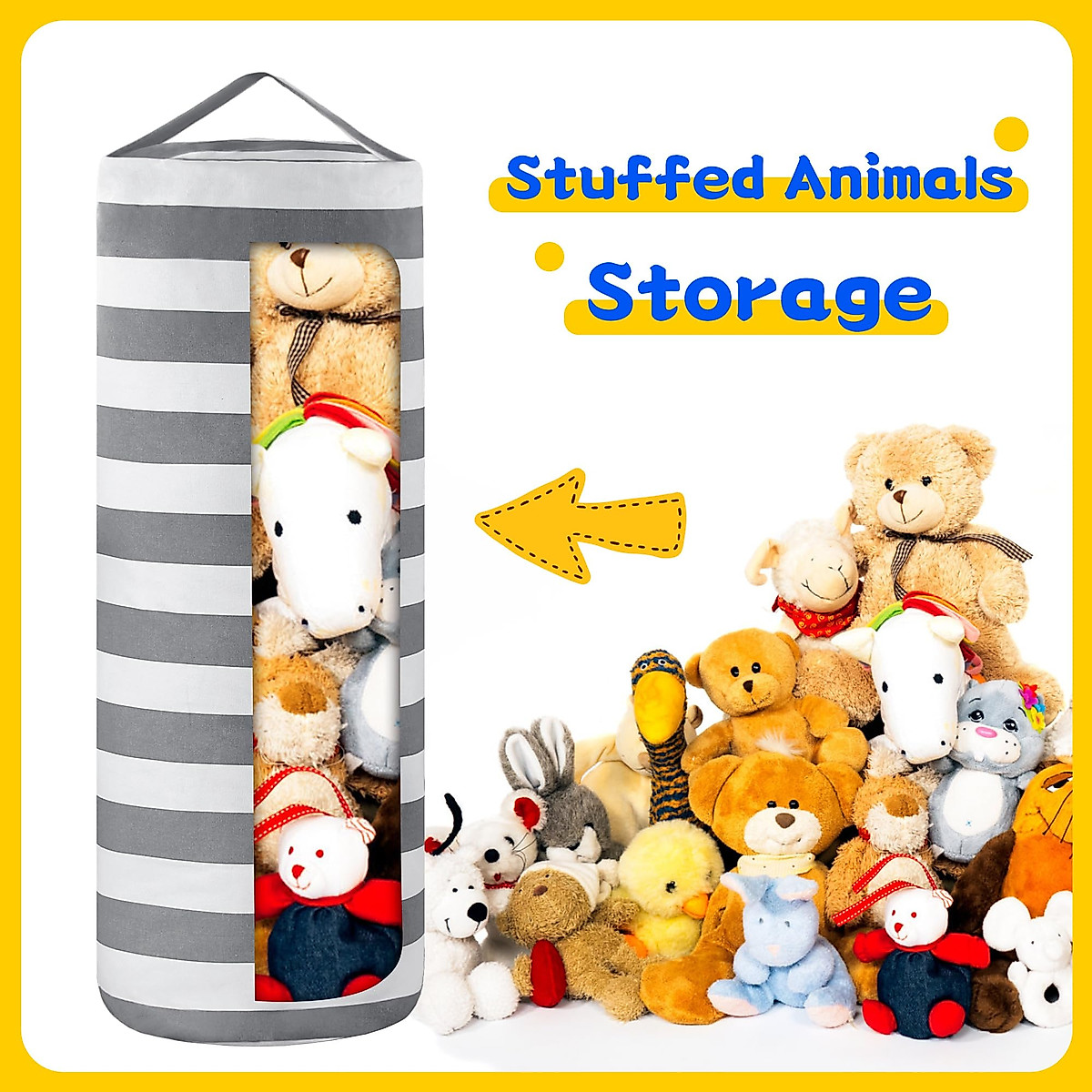 LAHAQIQI Stuffed Animal Storage Bean Bag Cover for Kids Plush Toys Organizer Bags for Boys and Girls A Full-length Zipper Cylinder Room Furniture Decor - Organize, Sit, Play & Box