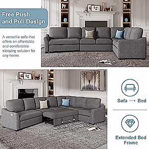 P PURLOVE Sectional Sofa for Living Room, Sectional Sleeper Sofa with Pull-Out Bed, Modern Couch with USB Charging Port, Upholstered L-Shaped Sofa Couch for Bedroom, Large Space(Gray)