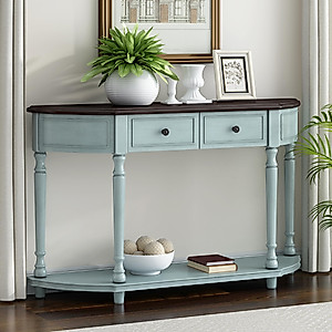 Retro Curved Design Console Table with Open Style Shelf, Solid Wooden Entryway Table Frame with Legs, 2 Top Drawers,Half Moon Shape Console Table for Hallway Living Room (Cherry + Antique Blue-01)