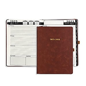 HARDCOVER Daily Leather Planner Weekly Monthly - 8.5x11 - Ensight Academic Planner Business Personal or Student - Pen Holder, Bookmark, Notes Pages, Thick Paper, July 2023 - June 2024 (Brown)