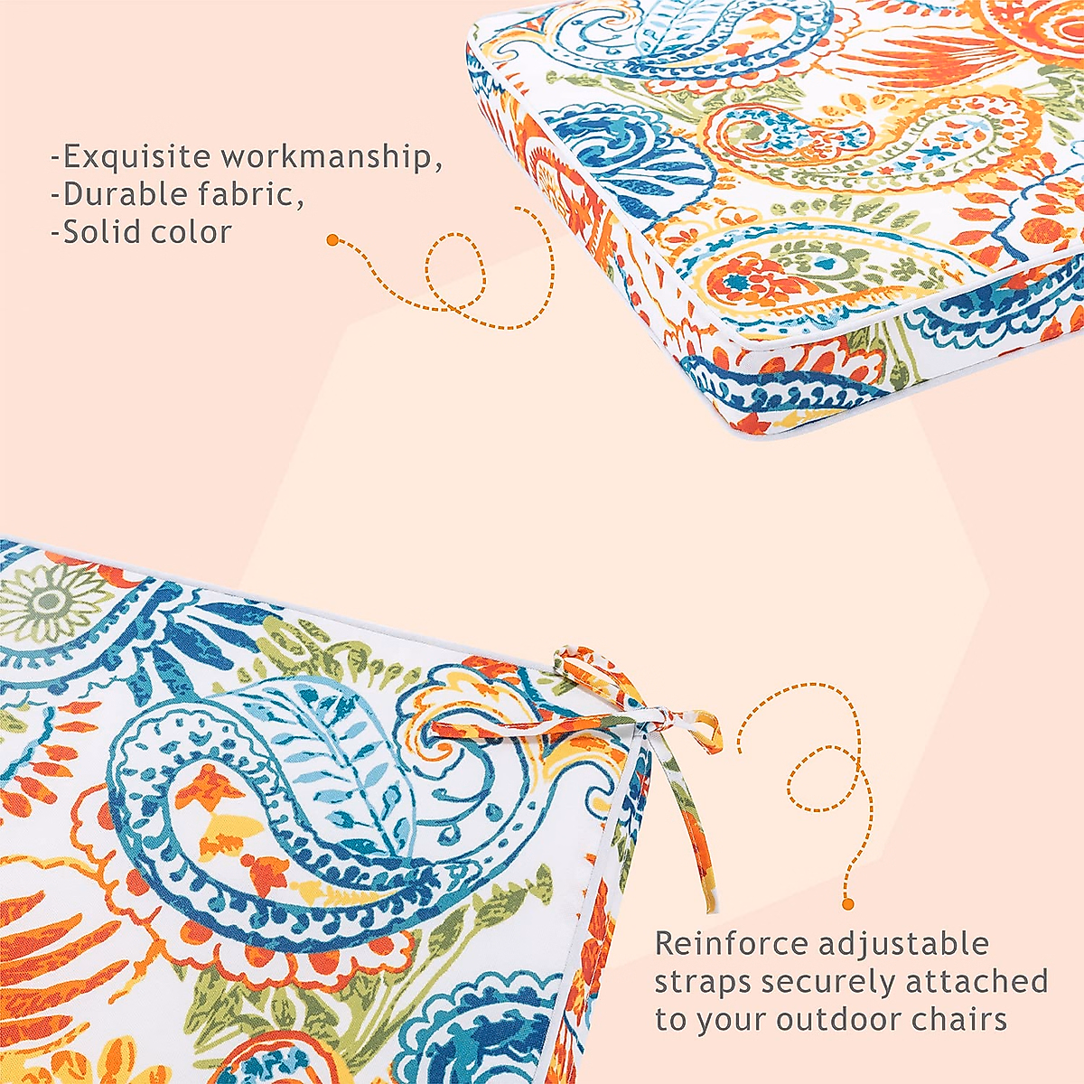 JMKaixin Patio Chair Cushions 19 x 19 Inch Waterproof Outdoor Seat Cushions for Patio Furniture Garden Sofa Couch Chair Pads with Adjustable Straps, Set of 2