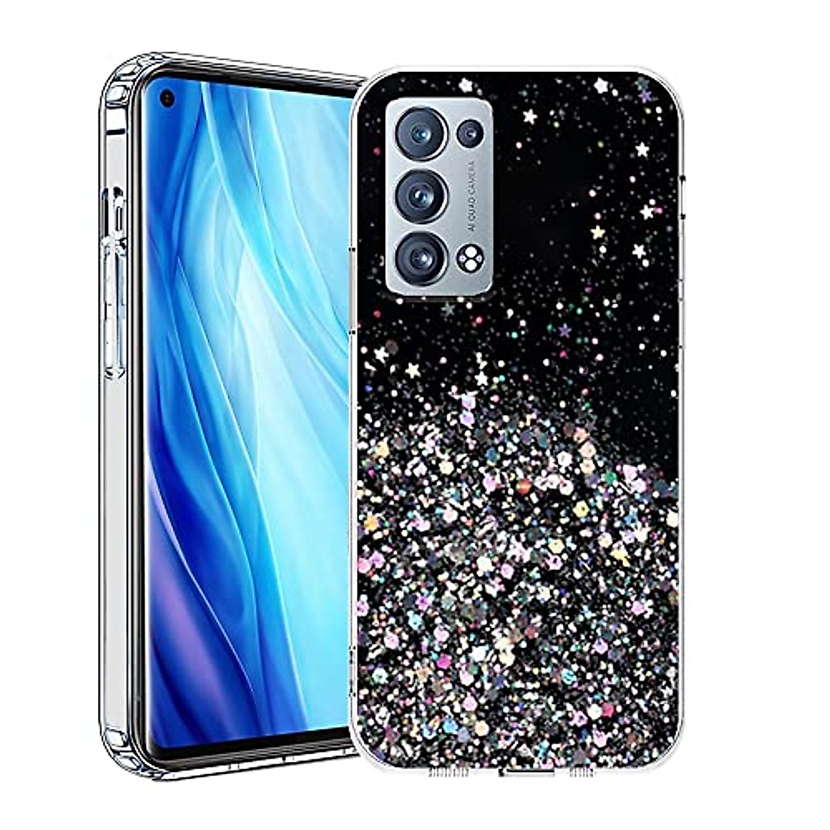 for Oppo Reno 6 Pro 5G Case Silicone，Clear Oppo Reno 6 Pro 5G (Snapdragon) Phone Case Speck, Ultra Slim 0.3mm Soft Shockproof Protective Glitter Cute Phone Cover for Women Green (Black)