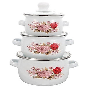 Luxshiny 3pcs Enamel Stock Pot with Lid Retro Floral Cooking Pot Stew Bean Simmer Pot Vintage Soup Pot with Handles Nonstick Cookware for Induction Cookers Gas Stove Random Pattern