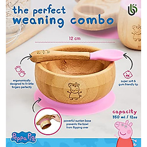 Peppa Pig Suction Bowl for Baby – Bamboo Baby Bowl and Spoon Set with Removable Silicone Suction Cup for Kids | 12oz | Non-Toxic | Cool to The Touch | Ideal for Baby-Led Weaning (Peppa Pig)