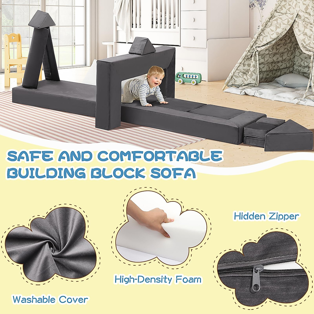 TITIMO 12Pcs Kids Modular Play Couch, Kids Sofa Couch Toddler Couch, Convertible Foam Couch Play Set for Creative Child, Kids Furniture for Playroom