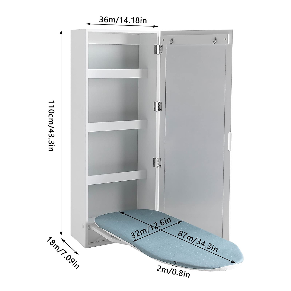 Wall Mount Ironing Board Cabinet, Built-in Swivel Ironing Board Foldable with Storage, Wall Hanging with Mirror, White