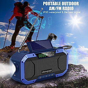 Emergency Radio Waterproof Camping Radio,Portable Digital AM FM Radio with Flashlight,Reading Lamp,Hand Crank WB NOAA Weather Radio with Solar Panel,5000mAH Cell Phone Charger,Outdoor Survival Gadget