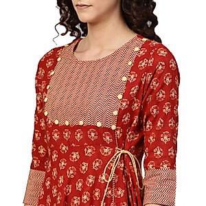 Yash Gallery Women's Cotton Slub Floral Print Angrakha Kurtis (Rustic Brown)