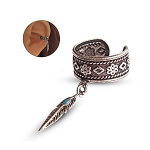 925 Sterling Silver SINGLE - For ONE Ear - Triple/Wide Band Feather Stone Ear Cuff for Non-Pierced Ear for Women | Handmade by MiYa Jewelry Creations (Wide Band and Feather)