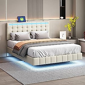 CJLMN Upholstered Floating Bed, Queen Size Wooden Platform Bed Frame, Upholstered Floating LED Bed with LED Lights and USB Charging, Kids Adults Bedroom Furniture (Beige LED Floating Bed)