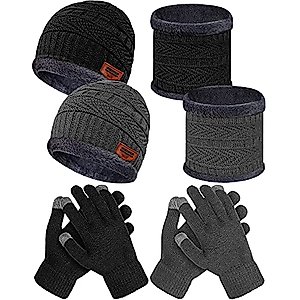 6 Pieces Kids Winter Hat Glove Scarf Sets Knitted Toddler Cap Beanie Touchscreen Mitten Neck Warmer for Boys Girls 5-14 Years (Grey, Black)