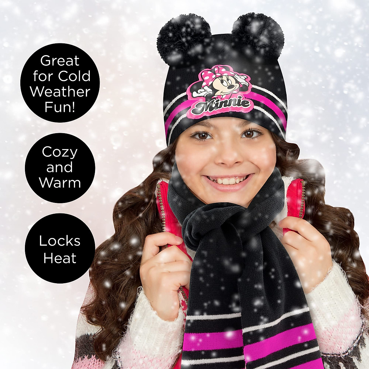 Disney baby girls Toddler Minnie Mouse Winter Hat, Scarf, and Gloves Or Mittens Ages 2-4 4-7 Cold Weather Hat, Black/Pink - Gloves Set, Years US