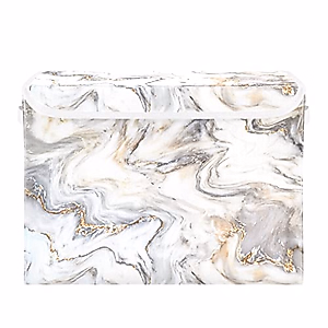 Kigai Marble Ink Gold White Storage Basket with Lid Collapsible Storage Bin Fabric Box Closet Organizer for Home Bedroom Office 1 Pack