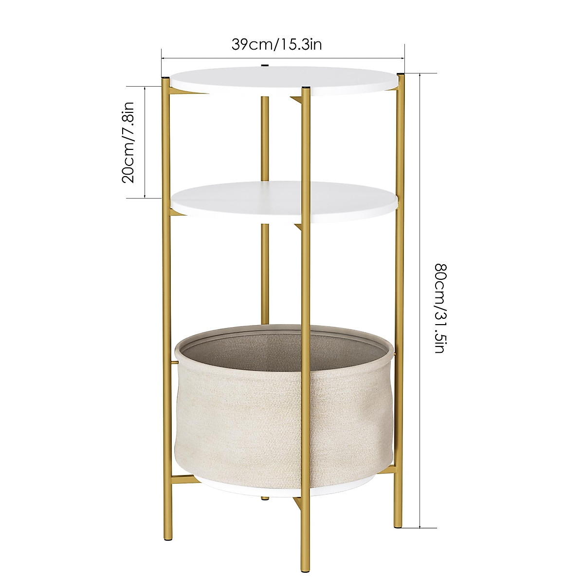 FINETONES Round End Table, 3-Tier Side Table Accent Table with Detachable Linen Basket and 2 Tier Storage Shelf, Modern Bedside Sofa Coffee Table for Living Room, Bedroom, White/Gold, 2 Tables