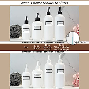 Artanis Home Silkscreened Empty Small HDPE Plastic Shower Bottle Set for Shampoo, Conditioner, and Body Wash, 8 oz 3-Pack, White (Black Pumps)