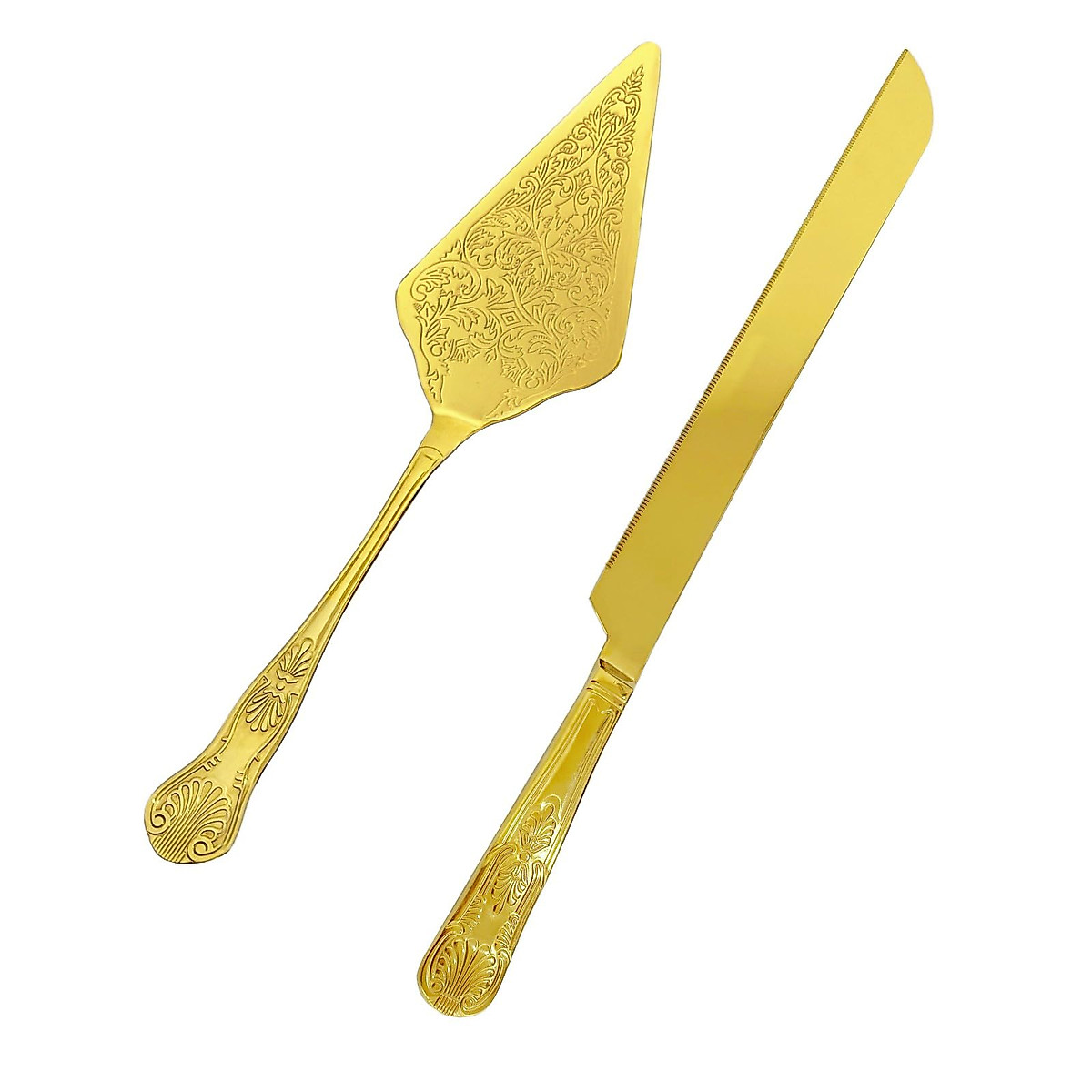 WEICHUAN Wedding Cake Knife and Server Set, Stainless Steel Engraved Cake Cutting Set for Bride and Groom Wedding Anniversaries Parties (Gold)