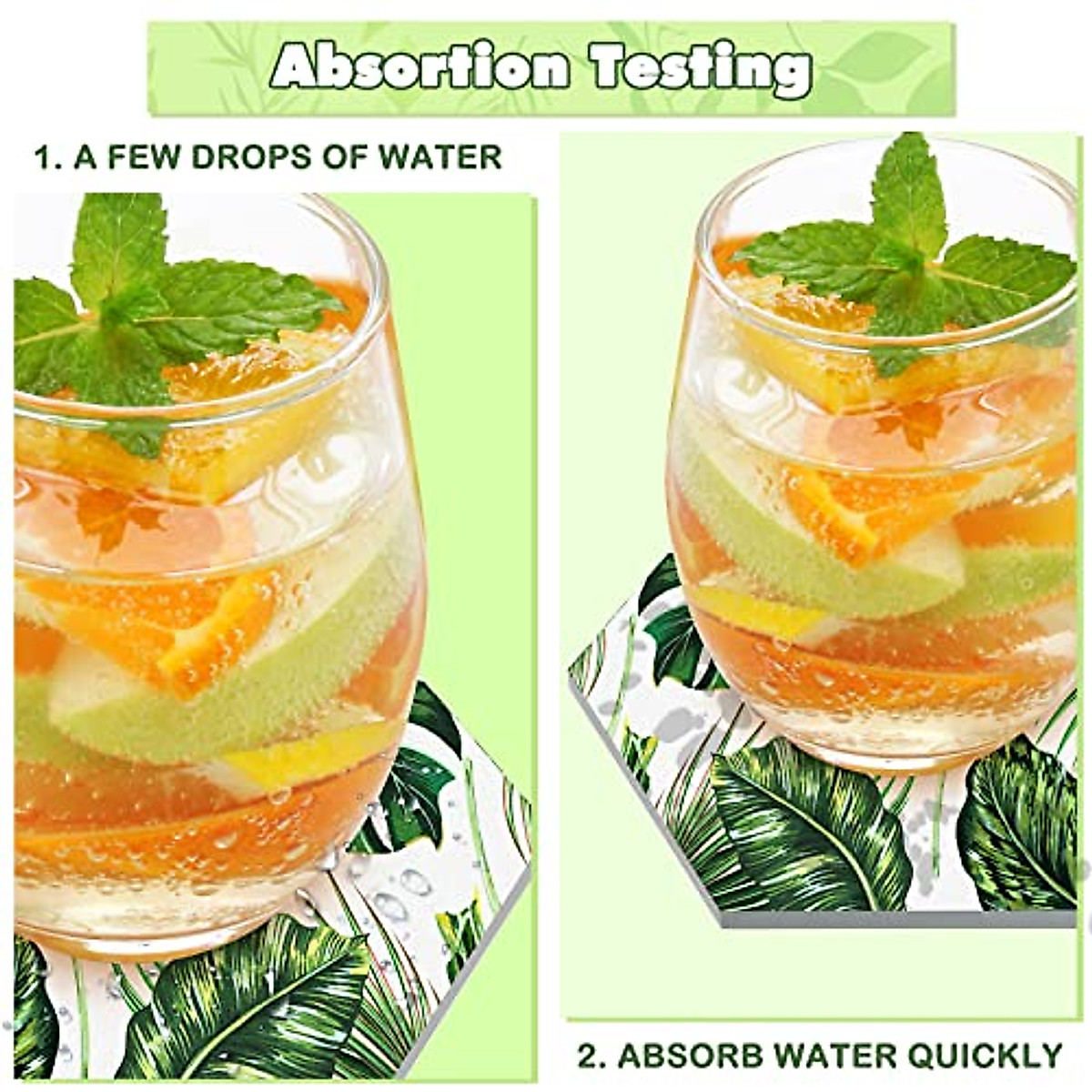 6 Pcs Plant Coasters with Holder Gold Absorbent, Drink Coasters Hexagon Farmhouse Ceramic Table Coaster Set Cute Coasters, Decorative Bar Wine Coasters Coffee Cup Coasters, Greenery Leaves Design