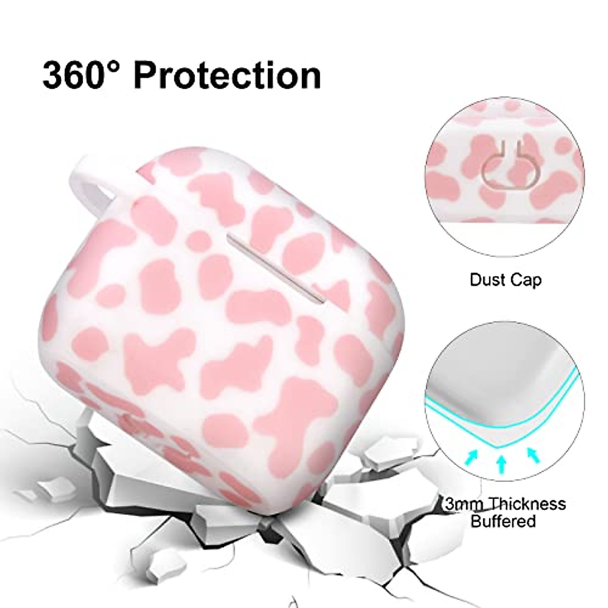 AirPods 3 Case AIRSPO Cute AirPods 3 Case Cover for AirPods 3rd Generation Printed Silicone Protective Skin for Women, Girls with Bracelet Keychain/Accessories (Pink Cow)