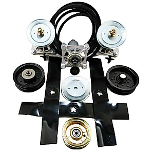 Lawn Mower Deck Rebuild Kit Spindles Pulleys Idlers Belt Blades Fits Husqvarna 532196104 532187292 5321196106 532173921 532153532 532177986 532197242