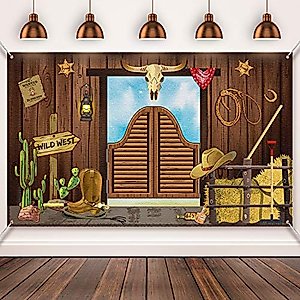 Western Party Supplies, Large Fabric Saloon YeeHaw Western Scene Setters for Western Themed , Wooden House Barn Banner Cowboy Decoration Photo Booth Backdrop Background (Wild West)
