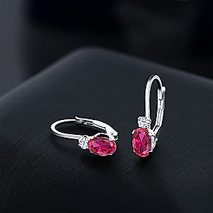 Gem Stone King 14K White Gold Red Created Ruby and White Created Sapphire Leverback Earrings For Women | 1.08 Cttw | Gemstone July Birthstone | Oval 6X4MM, Round 2MM | 3/4 Inch