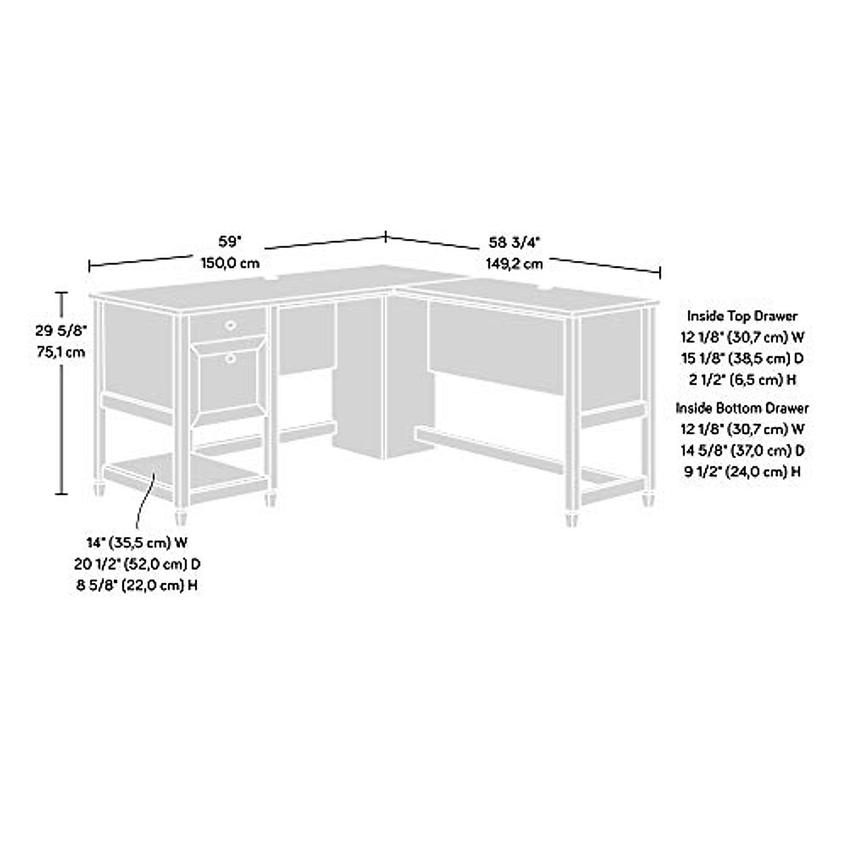 Sauder Edge Water L-Desk, L: 59.06" x W: 58.74" x H: 29.57", Chalked Chestnut finish