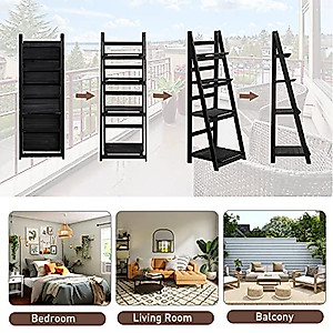 Babion Ladder Shelf, 4-Tier Ladder Bookshelf, Black Bookcase with Shelves, Storage Rack Plant Stand for Home, Bedroom, Bathroom,Office, 16 x 14 x 46 Inch, Industrial Style, Wood Frame
