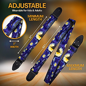 Van Gogh "Starry Night" Guitar Strap for Bass , Electric & Acoustic Guitar Includes 2 Strap Locks & 2 Matching Picks. Adjustable Cotton Guitar Strap - Best Gift Set for Men Women Guitari Players