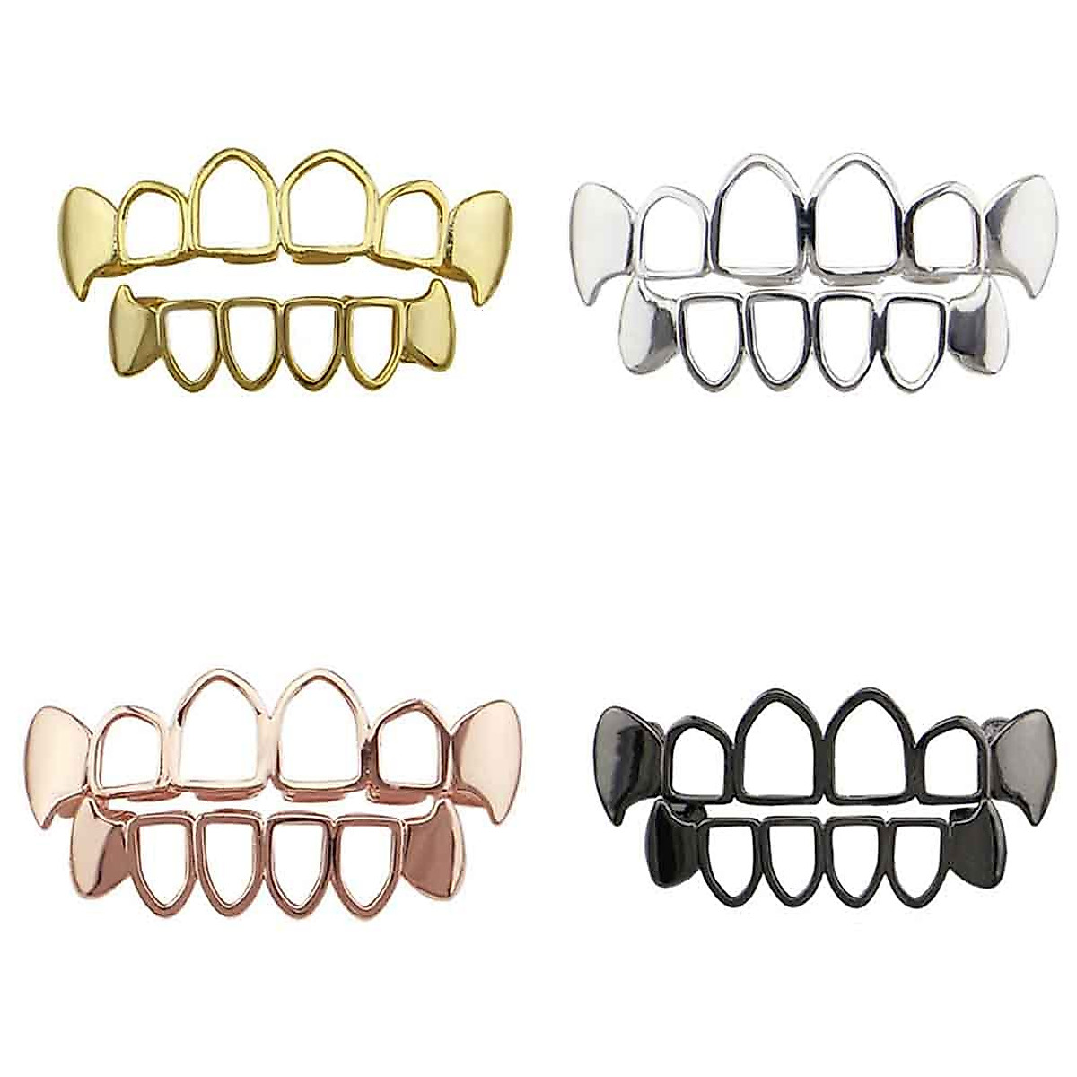 Psivika Gold Teeth Grillz Open Face Outline 6 Teeth Vampire Fangs Grillz for Men and Women (Gold)
